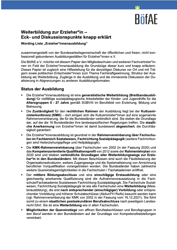 Entwicklung und Aktuelles aus der Weiterbildung zur Erzieherin | BöfAE